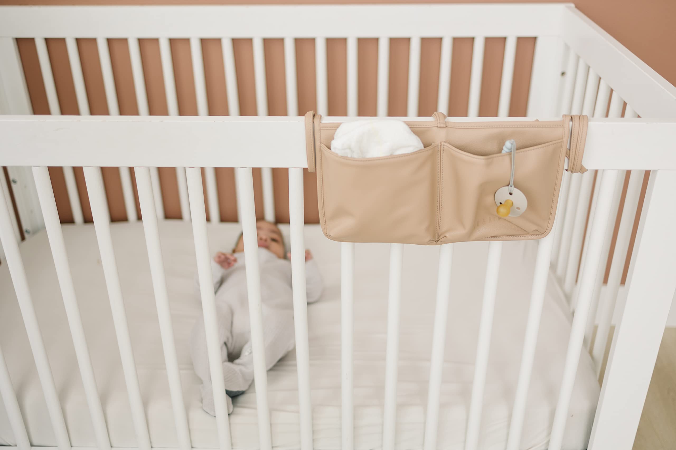 Lu & Ken Baby Nursery Crib Organizer - Vegan Leather Hanging Diaper Organizer for Crib - 13.5 x 7.5 Inch Nursery Storage Bedside Crib – Water and Stain Resistant