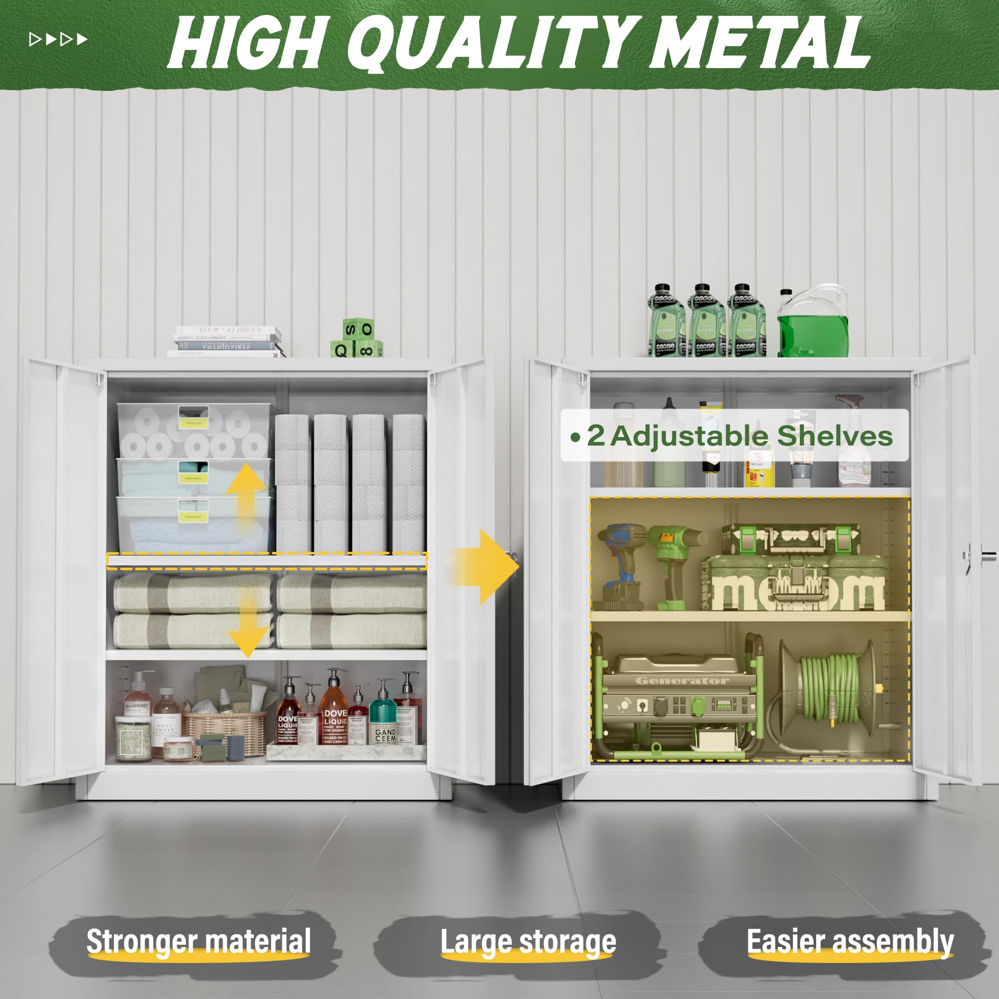 Greenvelly Metal Storage Cabinet, 42” Steel Locking Cabinet with Doors and Shelves,White Utility Cabinet Garage Cabinets, Lockable File Cabinet for Home Office, Garage, Kitchen, Shop