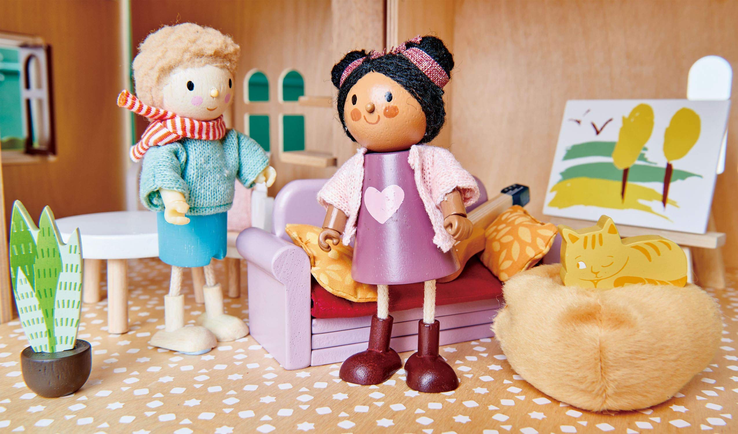 Tender Leaf Toys - Ayana and Her Cat - Wooden Miniatures Flexible Doll, Multicultural Action Figure for Dollhouse - Encourage Creative and Imaginative Fun Play for Children - Age 3+