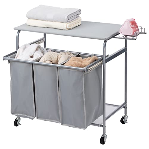 HollyHOME Laundry Sorter Cart with Iron Rack And Ironing Board Heavy Duty Side pull 3 Bags Classic Rolling Laundry Hamper Sorter 4 Wheels Grey