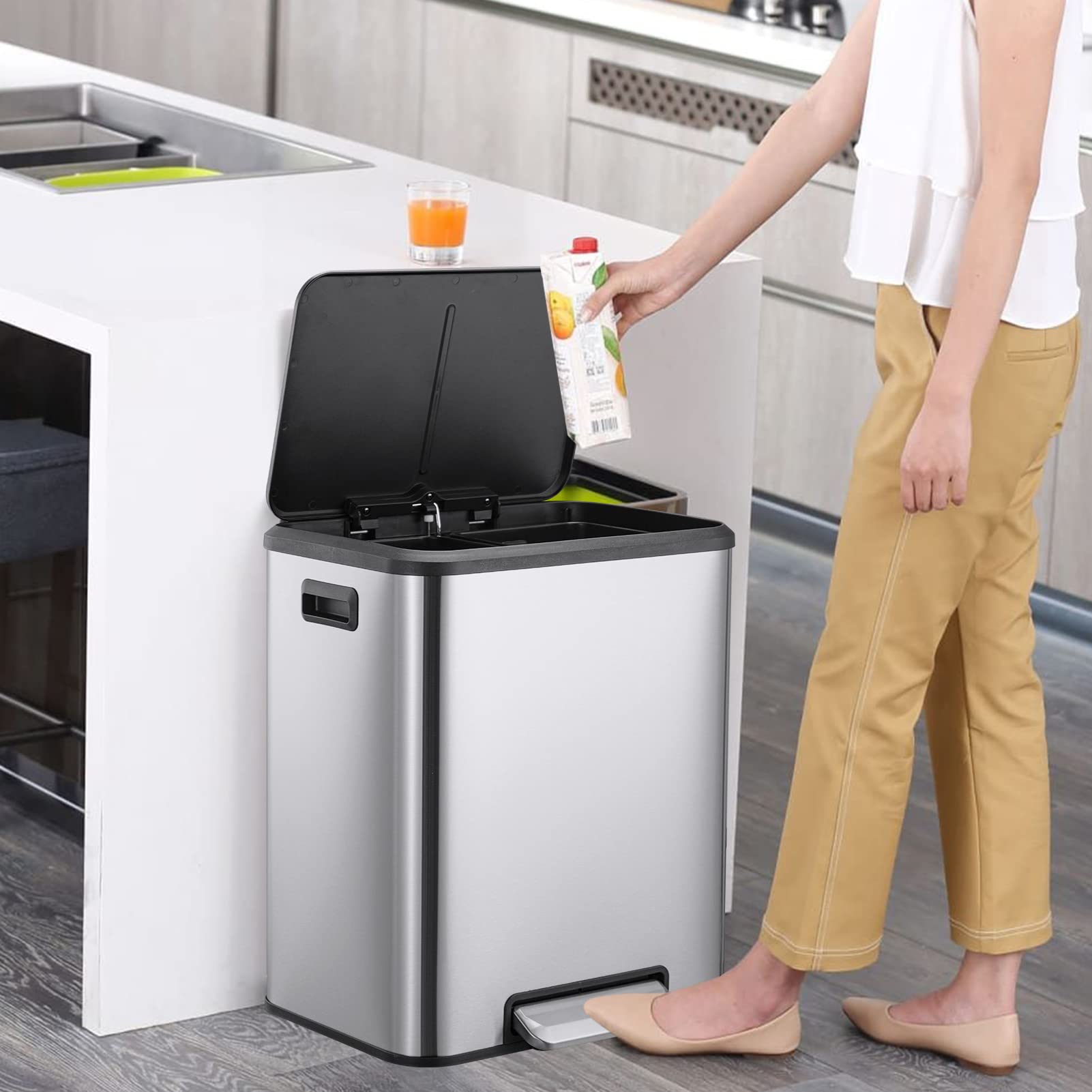 CREATIVE HOBBIES Dual Trash Can,Stainless Steel 2 x 4 Gal (2 x 15L) Garbage Can,Dual Compartment Step Trash Can Steel Pedal Recycle Bin with Two Removable Liner Buckets