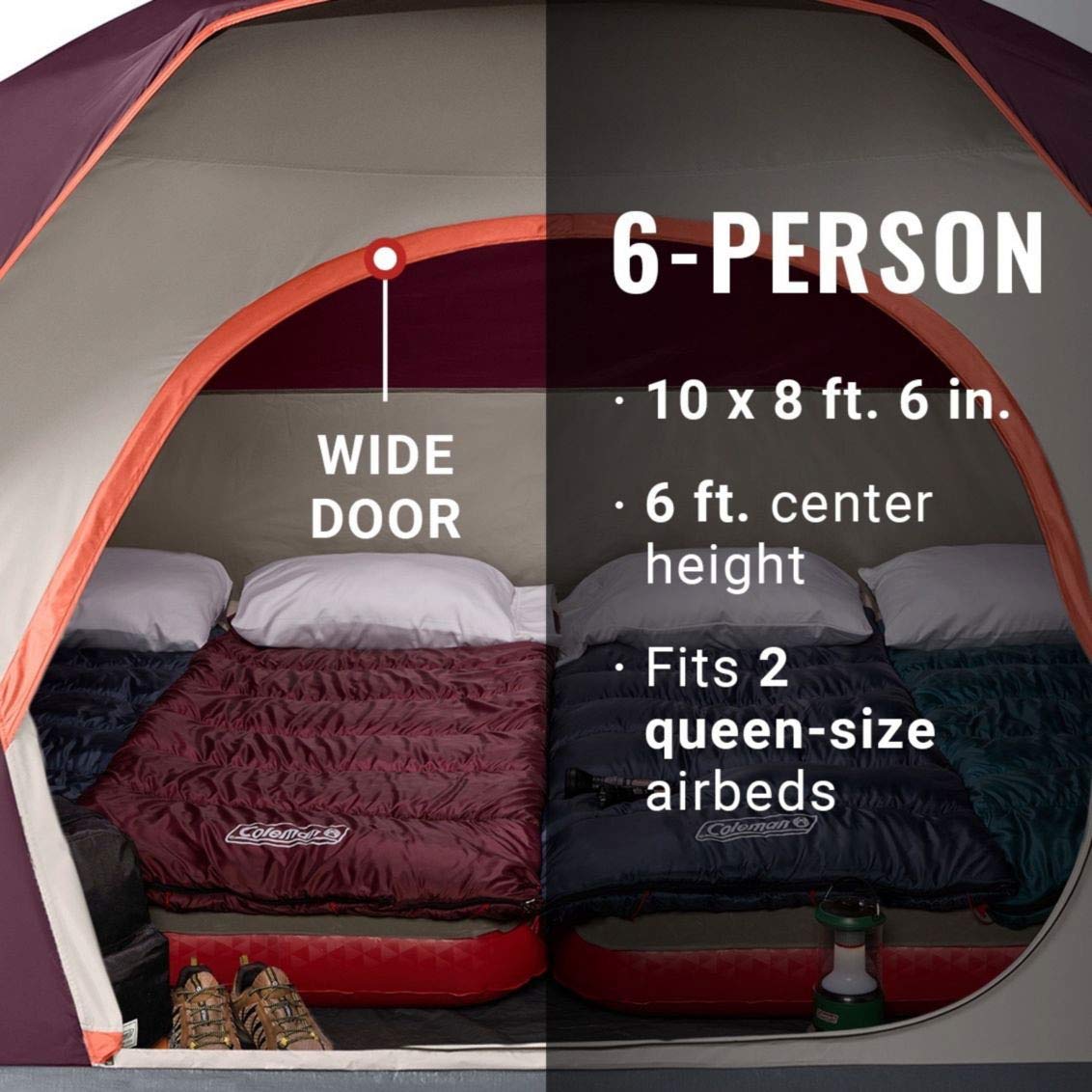 Coleman Skydome 6 Person WeatherTec Easy Assembly Outdoor Family Camping Hiking Dome Tent, Blackberry