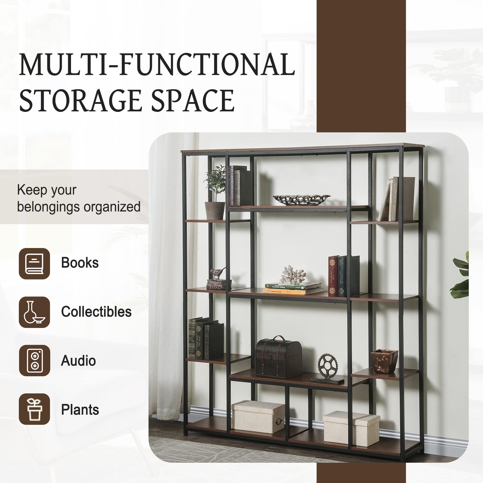 Merax 5 Tier Tall Bookshelf, Industrial Bookcase, Freestanding Display Furniture with Storage Shelf, Brown