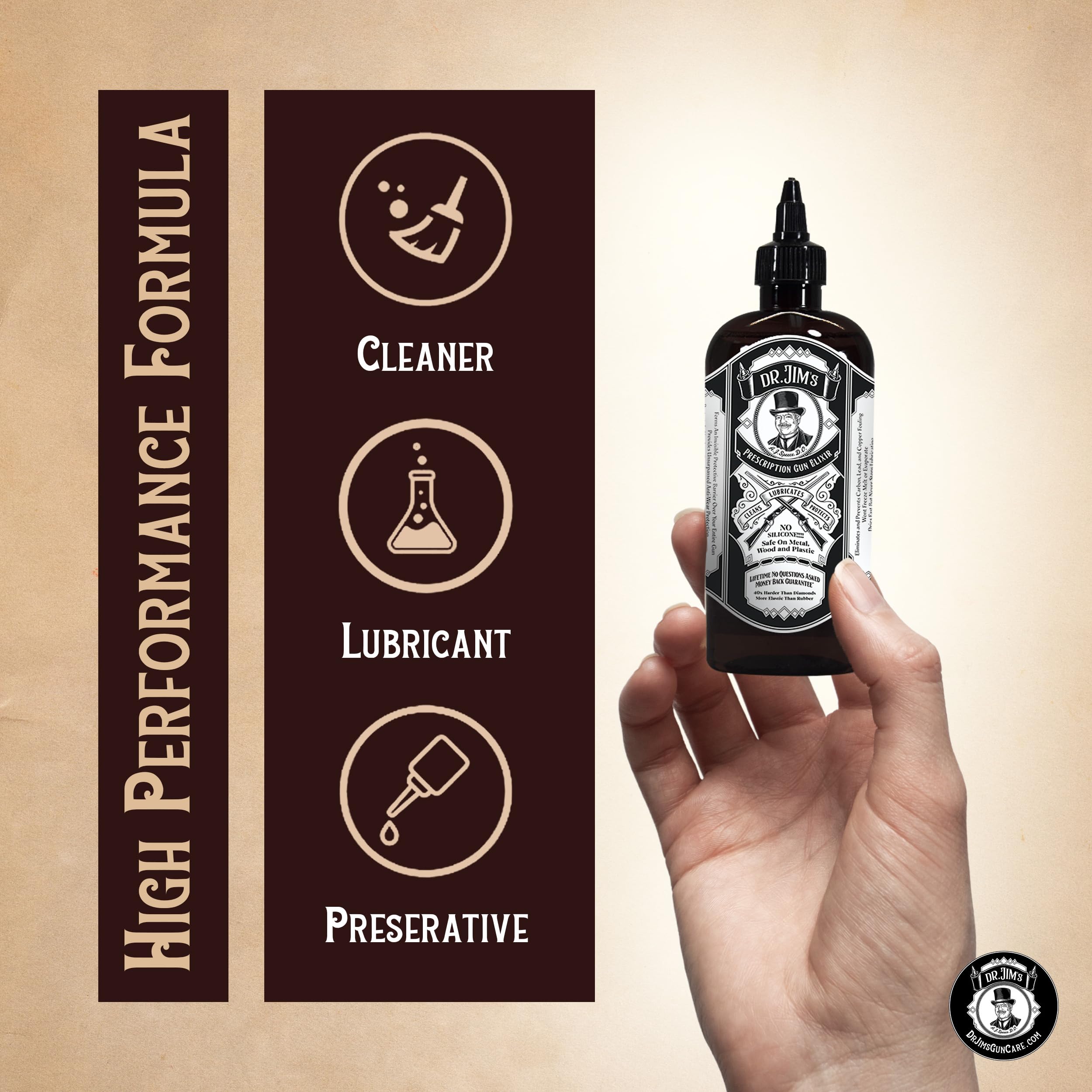 Dr. Jim's Prescription Gun Cleaner Lubricant and Protectant. Targets Carbon, Metals & Residue While Creating a Protective Barrier in and Outside of Your Gun. Made in USA
