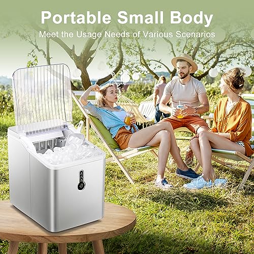 Ice Makers Countertop,Protable Ice Maker Machine with Ice Scoop and Ice Basket,26lbs/24H,9 Bullet Cubes Ready in 8 Mins,for Home/Kitchen/Camping/RV.(Silver)
