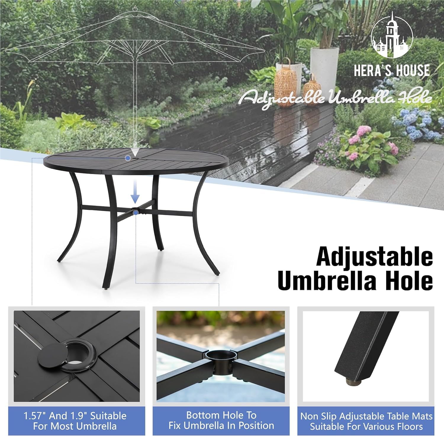 HERA'S HOUSE 5 Pieces Patio Dining Set, 4 x Woven Rattan Dining Chairs with Cushions, 42" Metal Round Dining Table, Outdoor Rattan Dining Table Set for Lawn Garden Backyard Deck