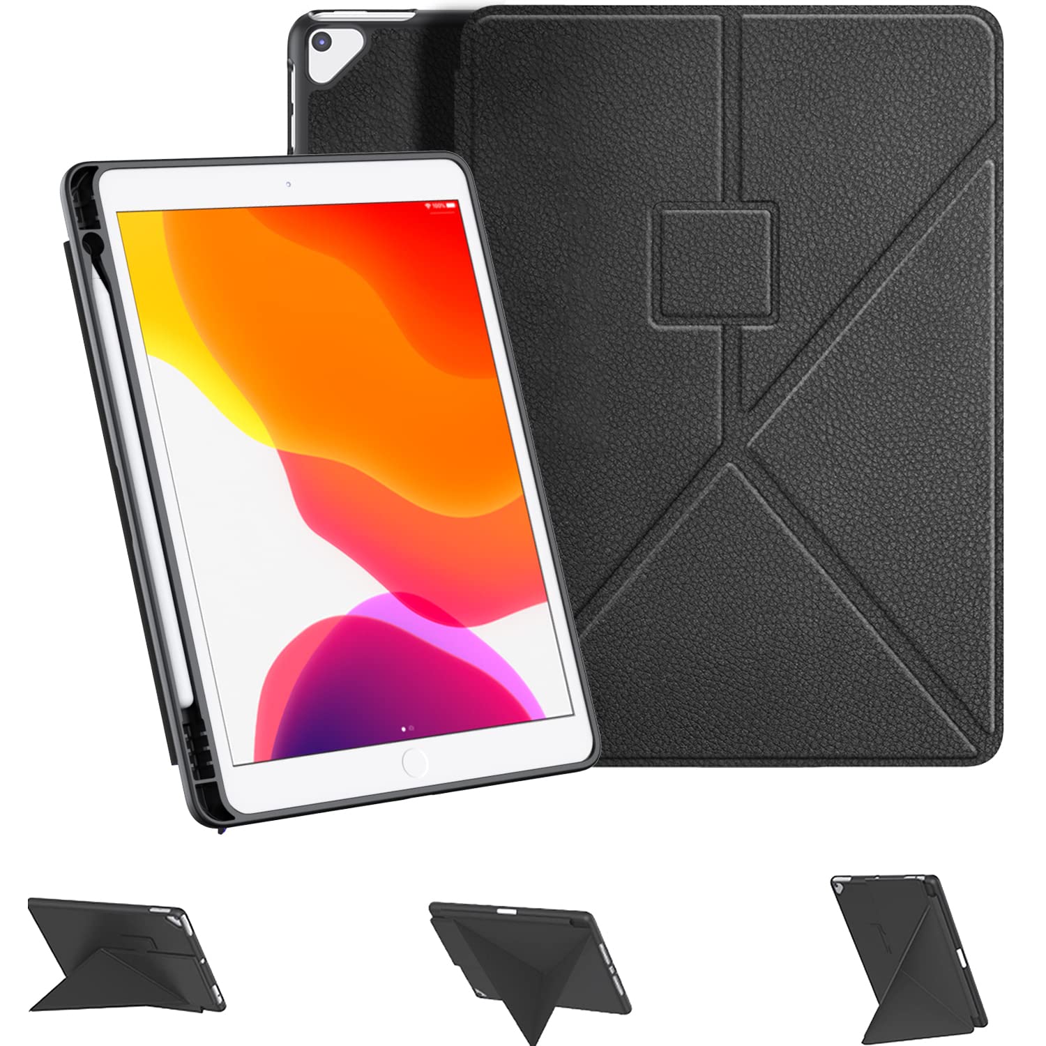 E NET-CASE Case for iPad 9th/8th/7th Generation 10.2 Inch with Pencil Holder, Multi Angle Magnetic Auto Sleep/Wake Cover for iPad 10.2 inch 2021/2020/2019 Model (Black)