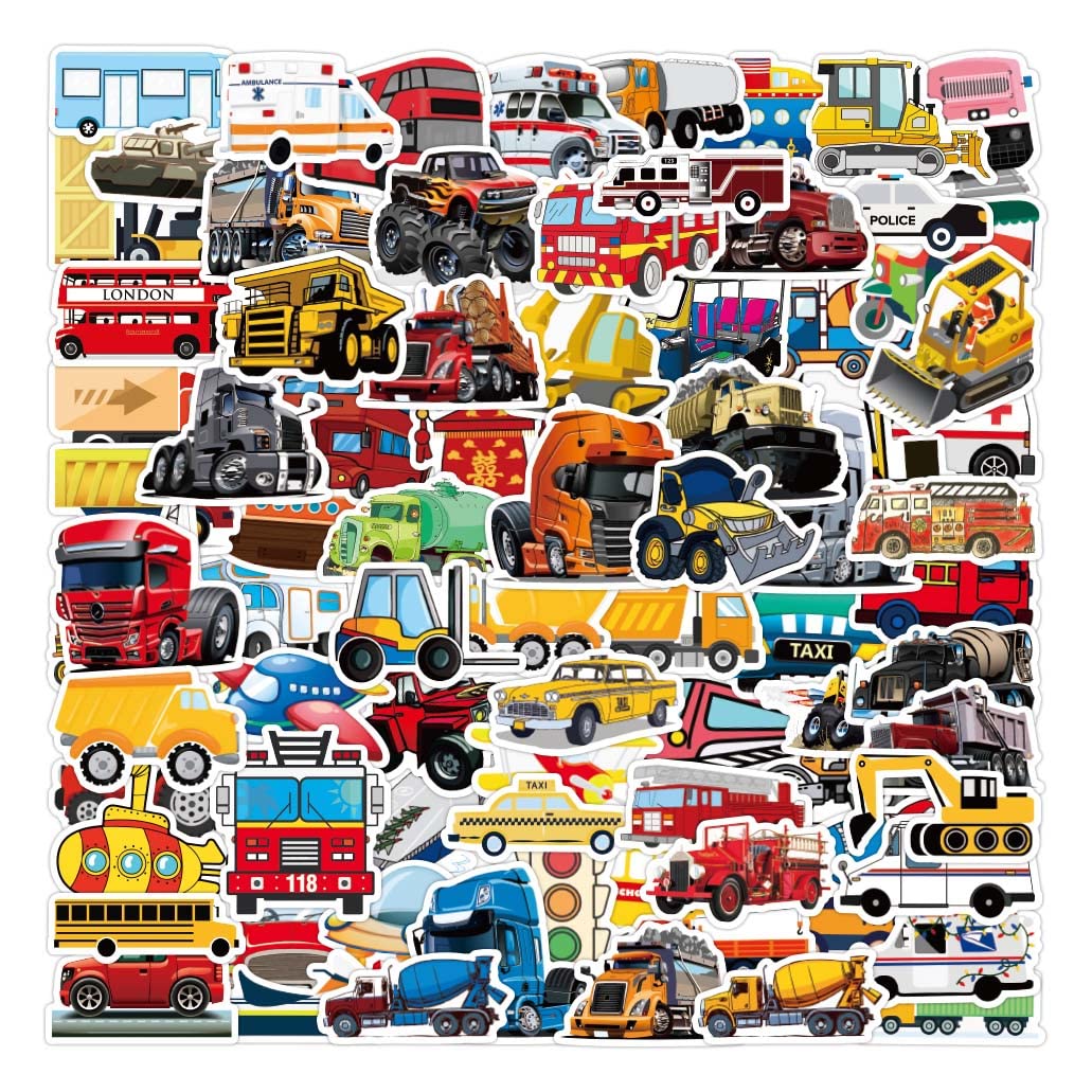 Transportation Vehicle Truck Stickers for Kids Boy, Vinyl Waterproof Sticker 100 Pack, Party Favor and Supplies (Construction truck Airplane Train Helicopter Car Boat Motorcycle Tractor Bus Firetruck)