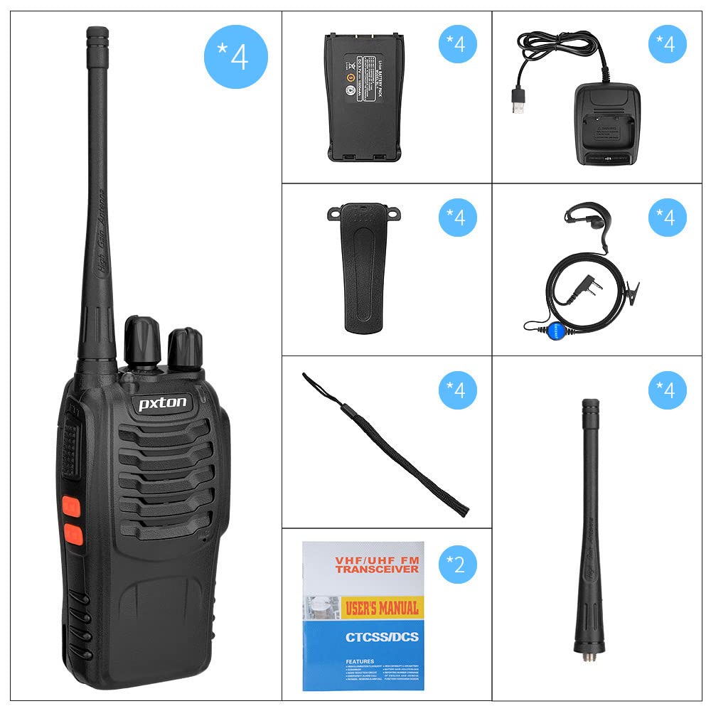 pxton walkie talkies for Adults Long Range with USB Charger and Upgraded Earpieces,Handheld Portable Two Way Radio walkie Talkie Rechargeable Include Li-ion Battery and Flashlight(4 Pack) Black