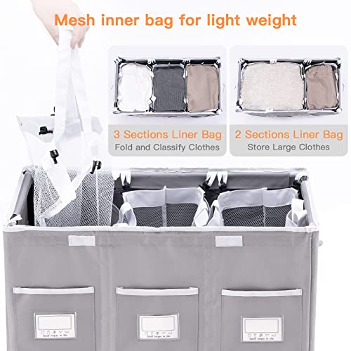 TECHMILLY 3 Section Large Laundry Basket, 140L Laundry Hamper with Lid，Waterproof Durable Clothes Hamper with 4 Removable Bags and 3 labels for Bathroom, Bedroom, Dorm, (Grey)