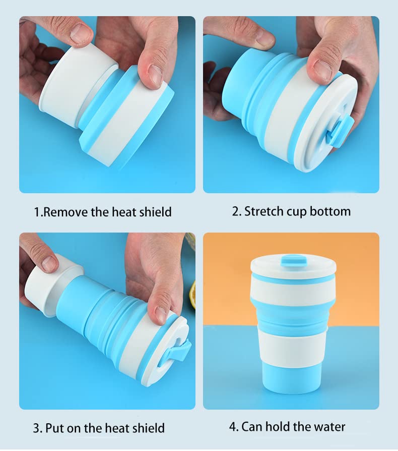 Collapsible Coffee Cups for Travel, Portable Foldable Travel Coffee Mug Silicone Collapsible Travel Cup 350ml Foldable Travel Mug with Lids Reusable Portable Bottle for Camping, Blue