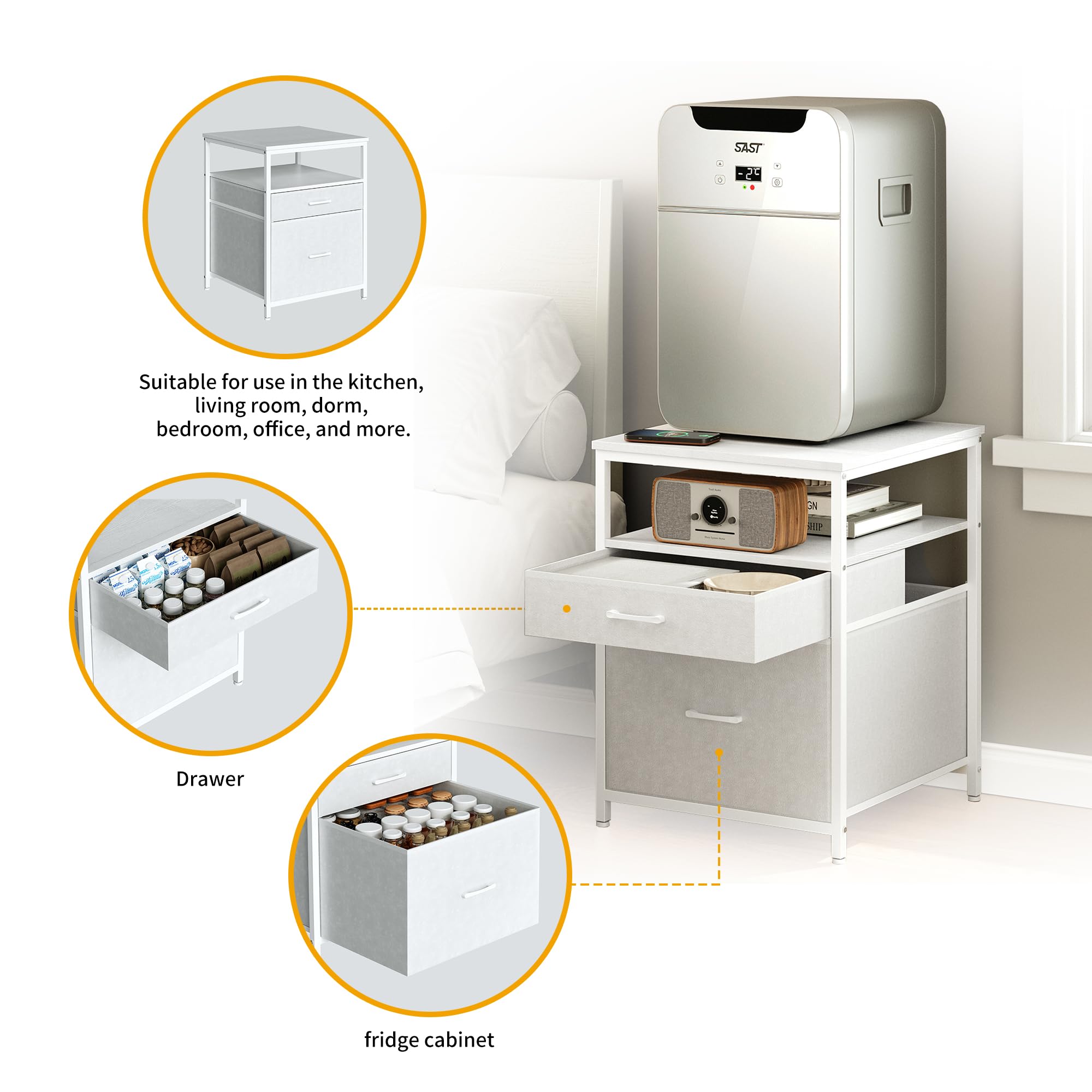 Herture Mini Fridge Stand with 3 Storage, Mini Fridge Cabinet, Beverage Fridge Table, Heavy Duty 21.3" L* 22.7" W Tabletop, for Dorm, Apartment,Office, Bedroom White HB01BXW