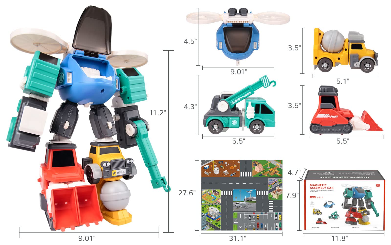ThinkMax Transform Toys for 3 4 5 6 7 8 Year Old Boys, Robot Toys for Kids 3-5 5-7, 4 Magnetic Construction Trucks Vehicles w/Play Mat, Birthday Gift for Boy, 32 Pieces