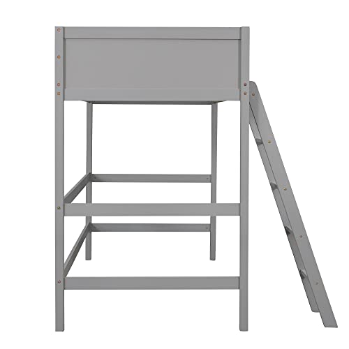 Merax Twin Size Junior Loft Bed with Slide Wood Loft Bunk Bed for Girls Boys,Space Saving Gray