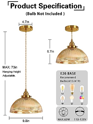 QianZhan Glass Pendant Light, 9.8" Gold Brushed Pendant Lighting Fixtures with Amber Glass Shade, Modern Dome Hanging Lights for Kitchen Island Dining Room Hallway Bedroom