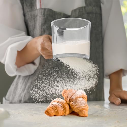 Flour Sifter for Baking, Crank Flour Sifter with Professional Fine Mesh Baking Sifters, One Hand Press Crank Sifter for Baking, Premium Flour Sieve Bakesr Dusting for Quick Sifting Omesata