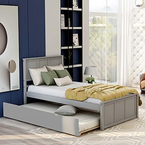 Merax Twin Size Platform Bed with Trundle, Twin Bed Frame with Headboard/Mattress Foundation/Strong Slat Support/No Box Spring Needed, Grey