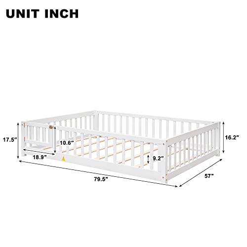 Full Floor Bed for Kids, Montessori Bed Frame with Fence-Shaped Guardrails, Support Slats and Door, Wood Floor Full Bed for Kids,Toddler,Boys Girls, No Box Spring Needed(White, Full Bed Frame)