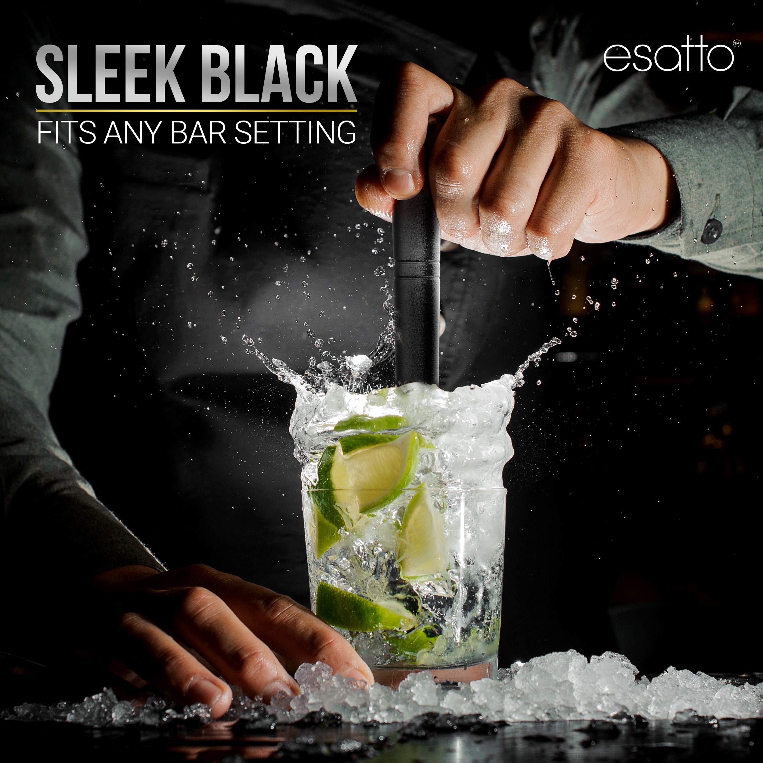 Esatto Professional Bar Tool Muddler 25 CM (9 Inches) Ribbed β Made with ABS Plastic, Black Set of 2 β Durable and Ribbed for Mashing Fruits, Berries, Sugar, Spices, and Herbs