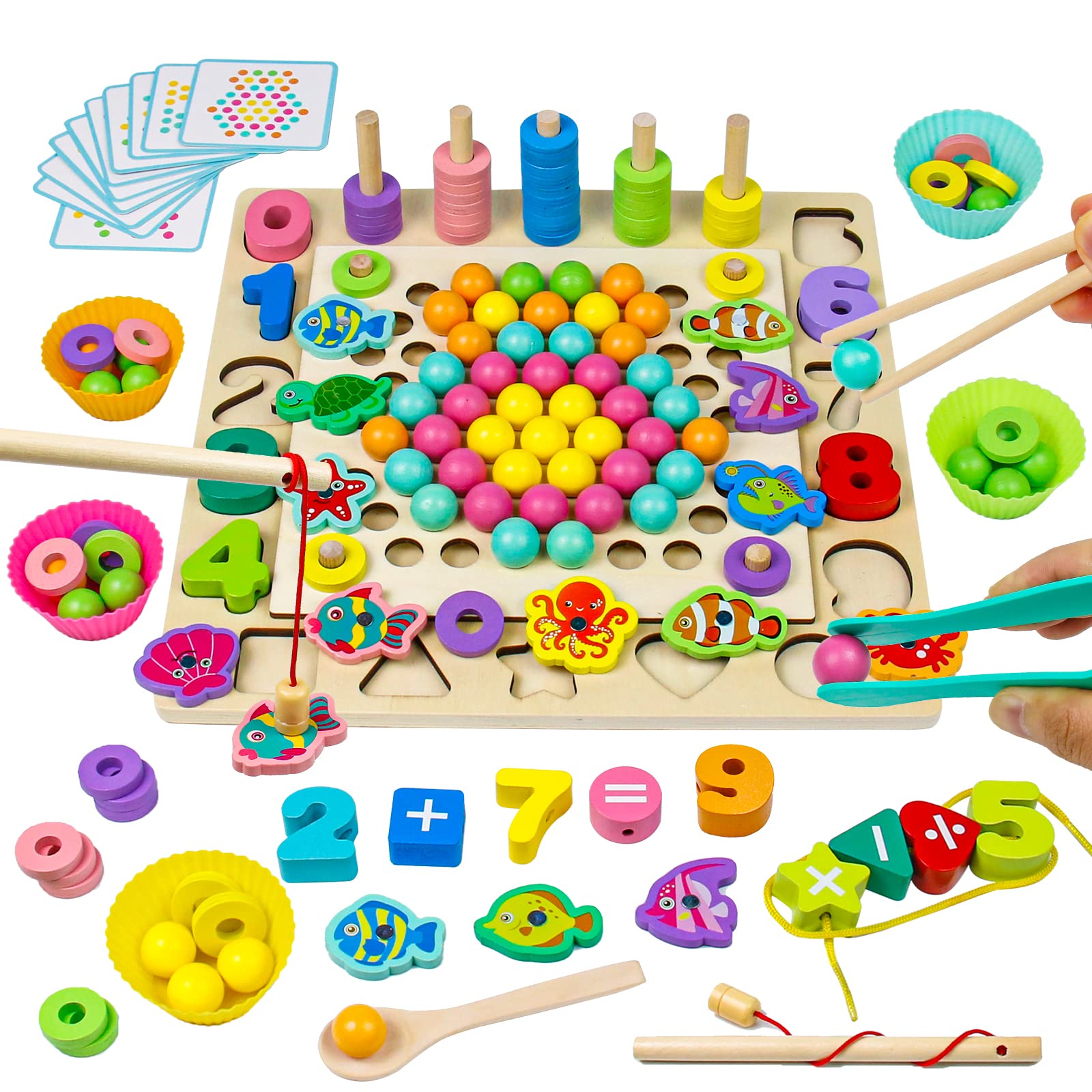 Montessori Toys for 3 4 5 Year Old, 6 in 1 Wooden Board Bead Game, Preschool Fine Motor Skills Toddler Toys for Kids Ages 3 4 5, Color Sorting Educational Toys, Magnetic Fishing Gift for Boys Girls