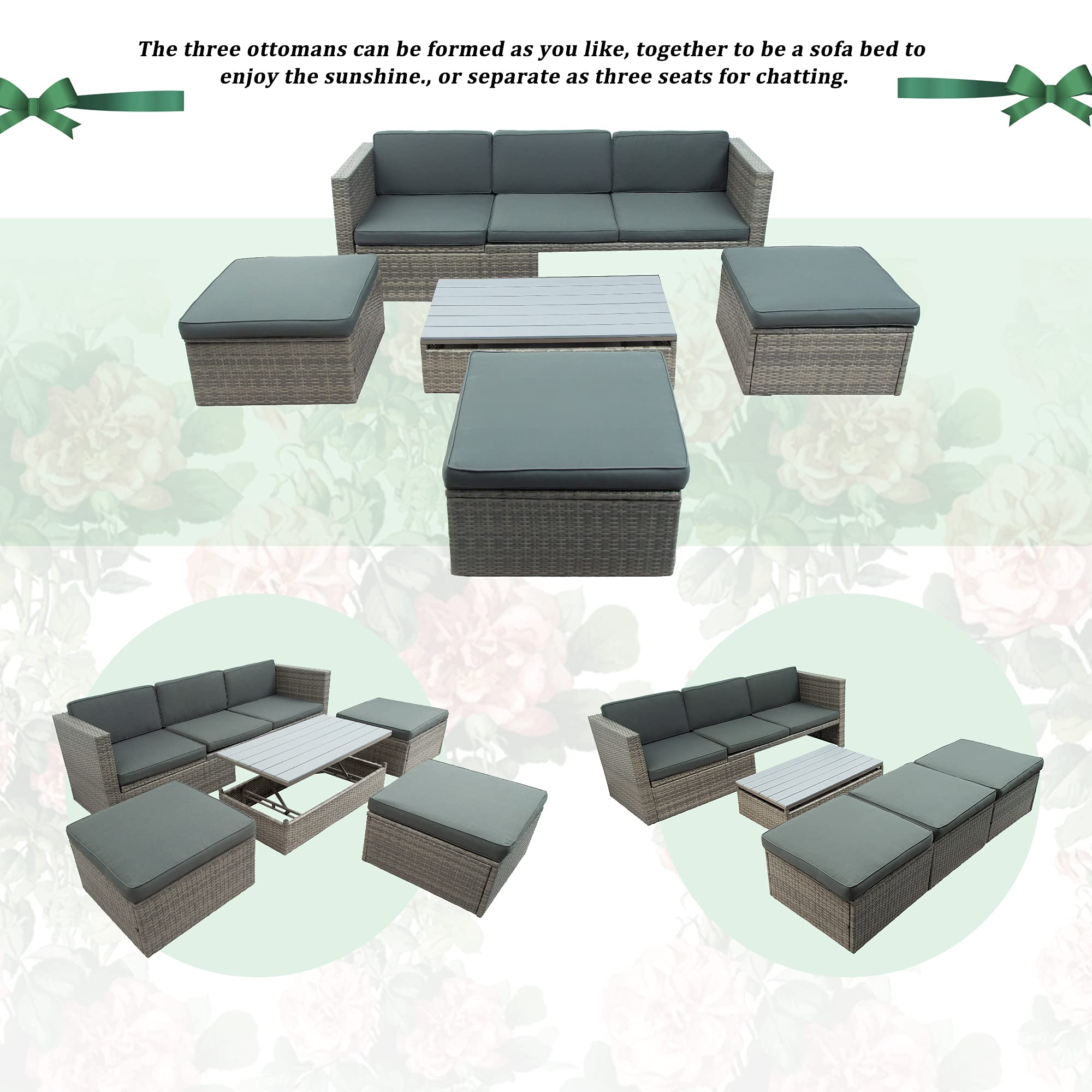 LZ LEISURE ZONE Patio Furniture Sets, 5-Piece Patio Conversation Sets, Outdoor PE Rattan Wicker Sectional Sofa Set with Adjustable Backrest, Ottomans and Lift Top Coffee Table, Grey+Grey