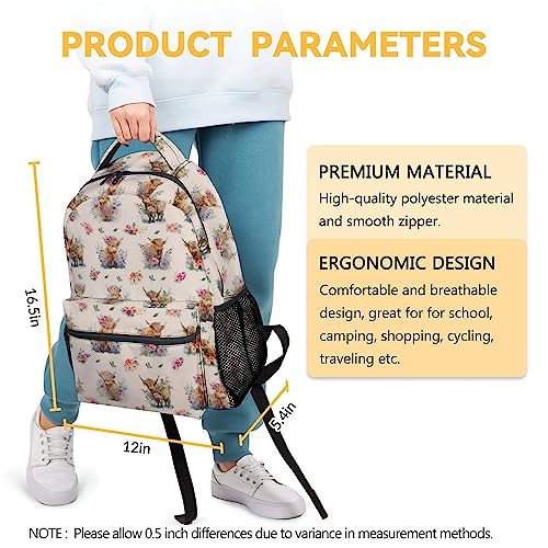 Mercuryelf Highland Cow Backpack for Girls Boys, 16 Inch Beige Backpacks for School, Aesthetic Lightweight Bookbag for Kids