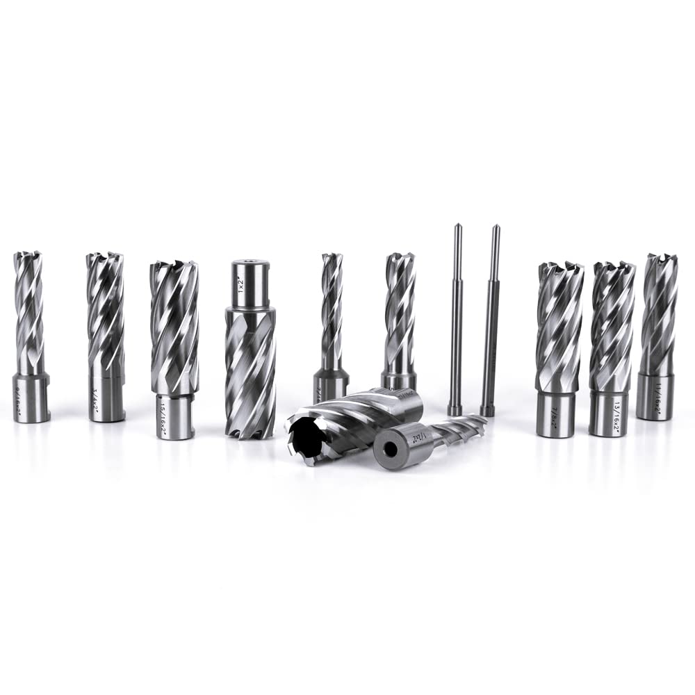 OSCARBIDE Annular Cutter Set 13pieces,2"Cutting Depth,3/4"Weldon Shank and 7/16 to 1-1/16 inch Cutting Diameter Mag Drill Bits for Magnetic Drill Press with 2pcs Pilot Pins