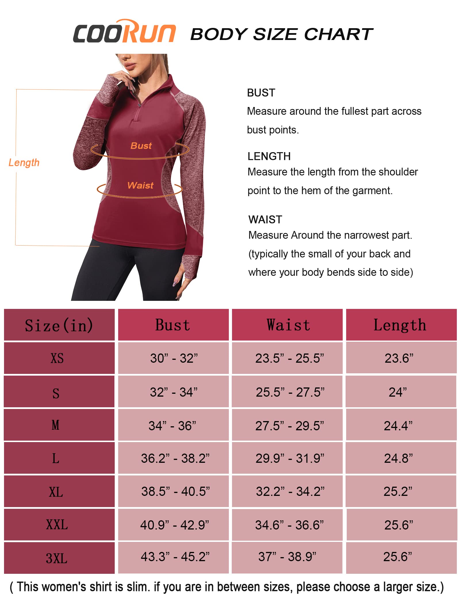 COOrun Women's Shirts Long Sleeve 1/4 Zip Pullover Athletic Hiking Running Workout Tops Quick Dry Shirt with Thumbhole Wine Red XX-Large