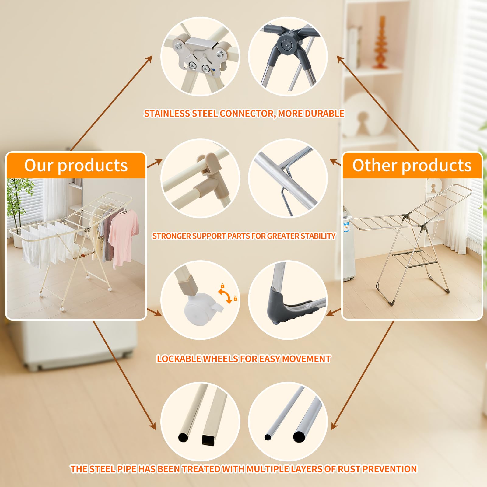 Kaixin Rabbit Foldable Clothes Drying Rack has 18 Rods,Waterproof and Rust-Proof Coating,Lockable Wheels,Steel Laundry Drying Rack,Collapsible for Easy Storage,Works Both Indoors and Out (Cream)
