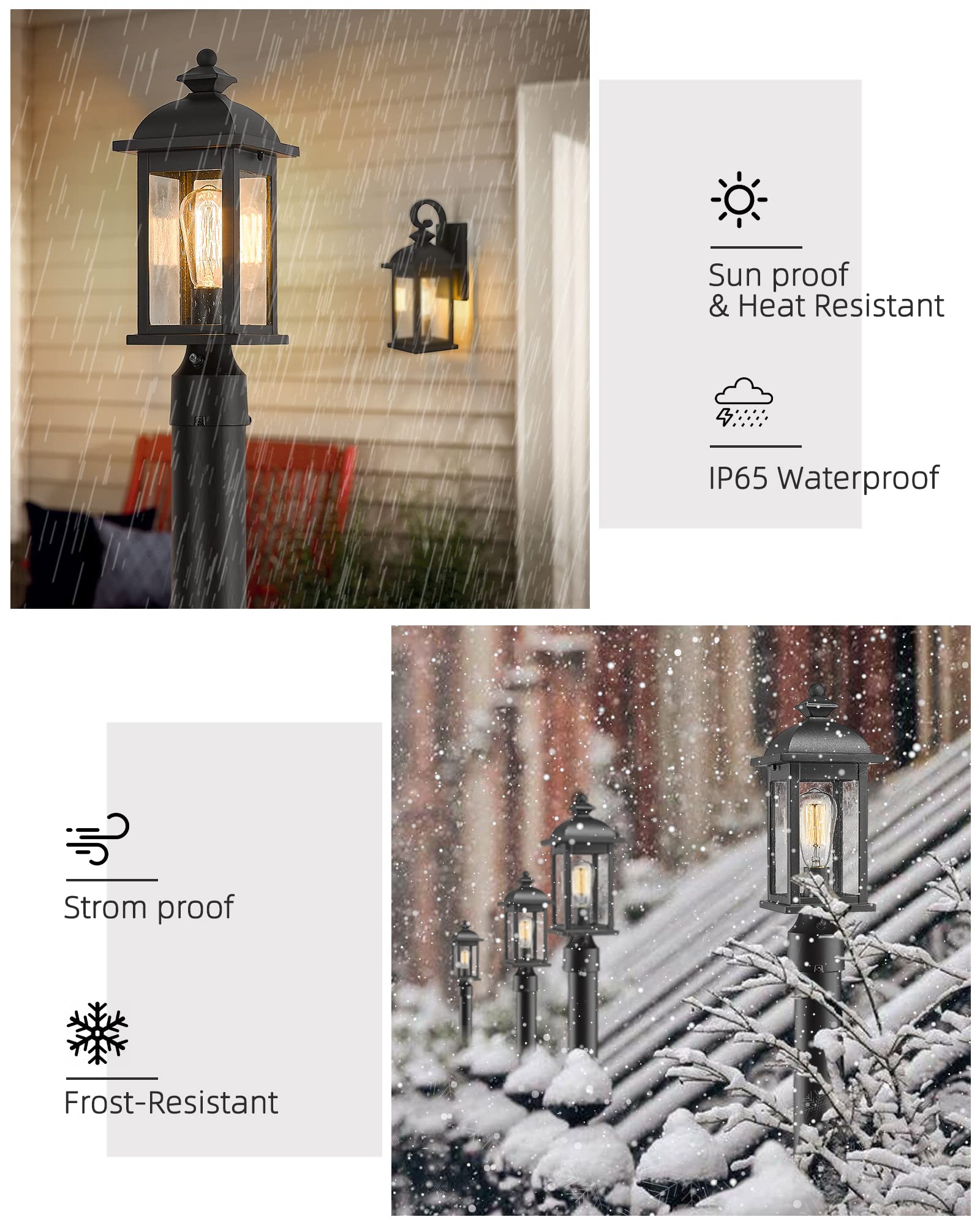 FEMILA Dusk to Dawn Outdoor Post Light, Waterproof Pole Lantern Light Fixture, Exterior Lamp Posts Outdoor Lighting for Garden Patio Yard Pathway Driveway, Clear Glass Panel, 4FD54P-PC BK