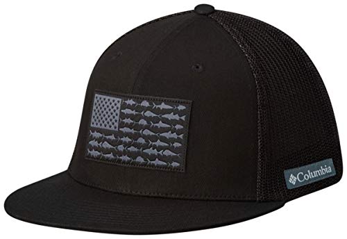 Columbia Unisex PFG Mesh Flat Brim Ball Cap, Black/Fish Flag, L/XL