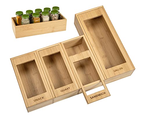 TEPUIY Ziplock Bag Storage Organizer - Multi Use Bamboo Storage Bag Organizer for Drawer - Food Storage Bag Holder Compatible with Ziplock, Ikea, Glad, Hefty (4 pieces set).