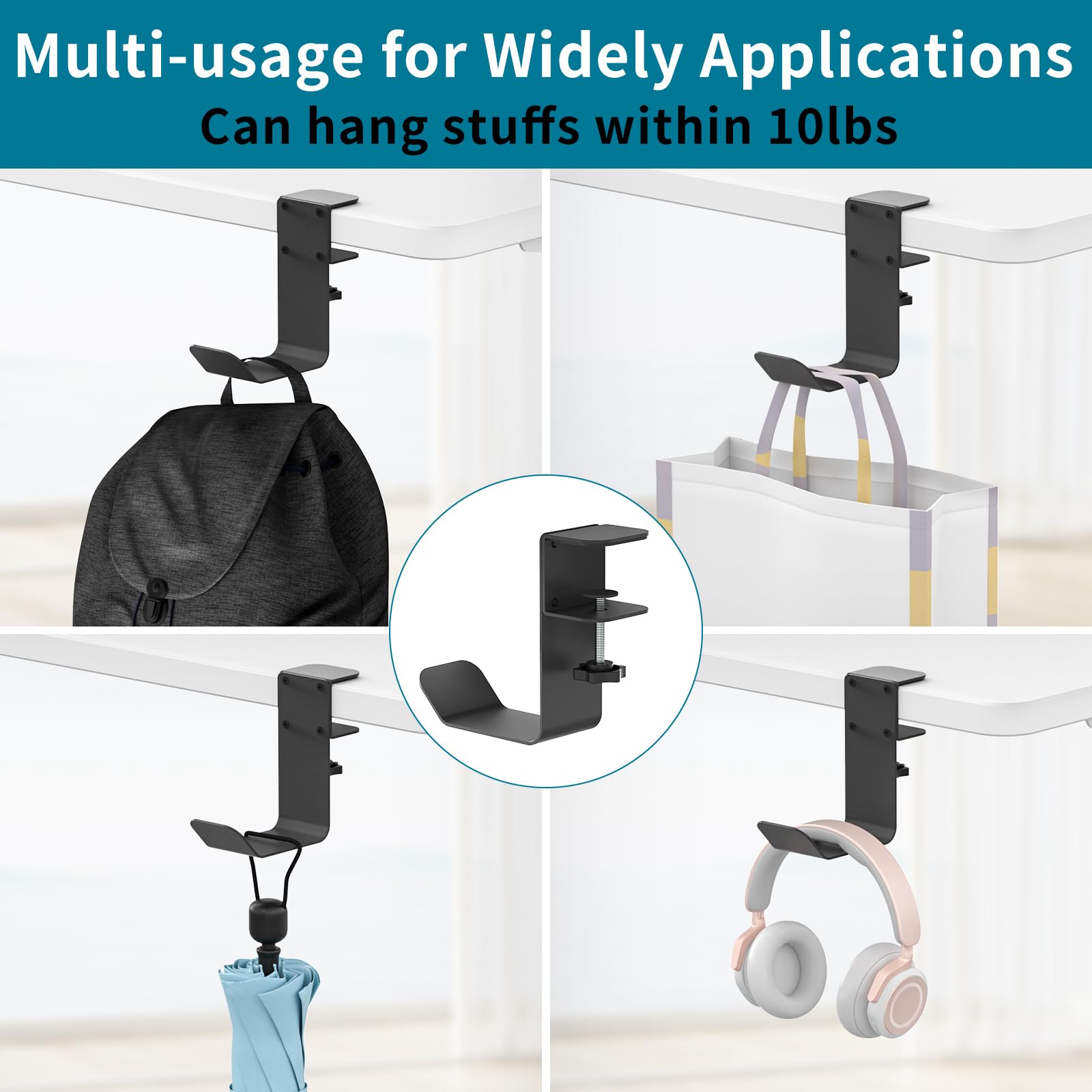 tiebutie Clamp-On Under Desk Headphone Holder/Backpack Hook/PC Gaming Headset Headphone Hanger Mount, Provides a Convenient Place to Hang Headsets or Bags
