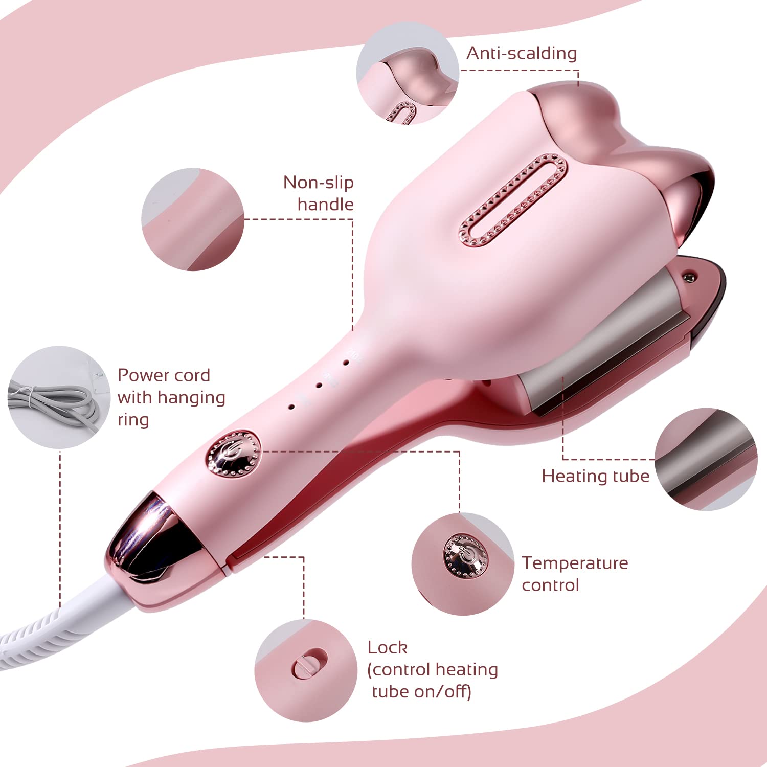Curling Iron Hair Crimper, 32mm (1.25'') Ceramic Tourmaline 2 Barrels Hair Curling Wand with Three Temperature Control, Hair Waving Styling Tools Pink