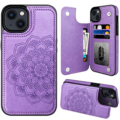 MMHUO for iPhone 14 Plus Case with Card Holder, Flower Magnetic Back Flip Case for iPhone 14 Plus Wallet Case for Women, Protective Case Phone Case for iPhone 14 Plus,Purple
