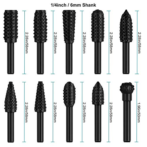 EEEkit 10PCS Wood Carving File Rasp Drill Bit, 1/4" 6mm Rotary Rasp Drill Bit Set, DIY Woodworking Rotating Embossed Chisel Shaped Shank Tool Burr Power Tools for Engraving Polishing Grinding