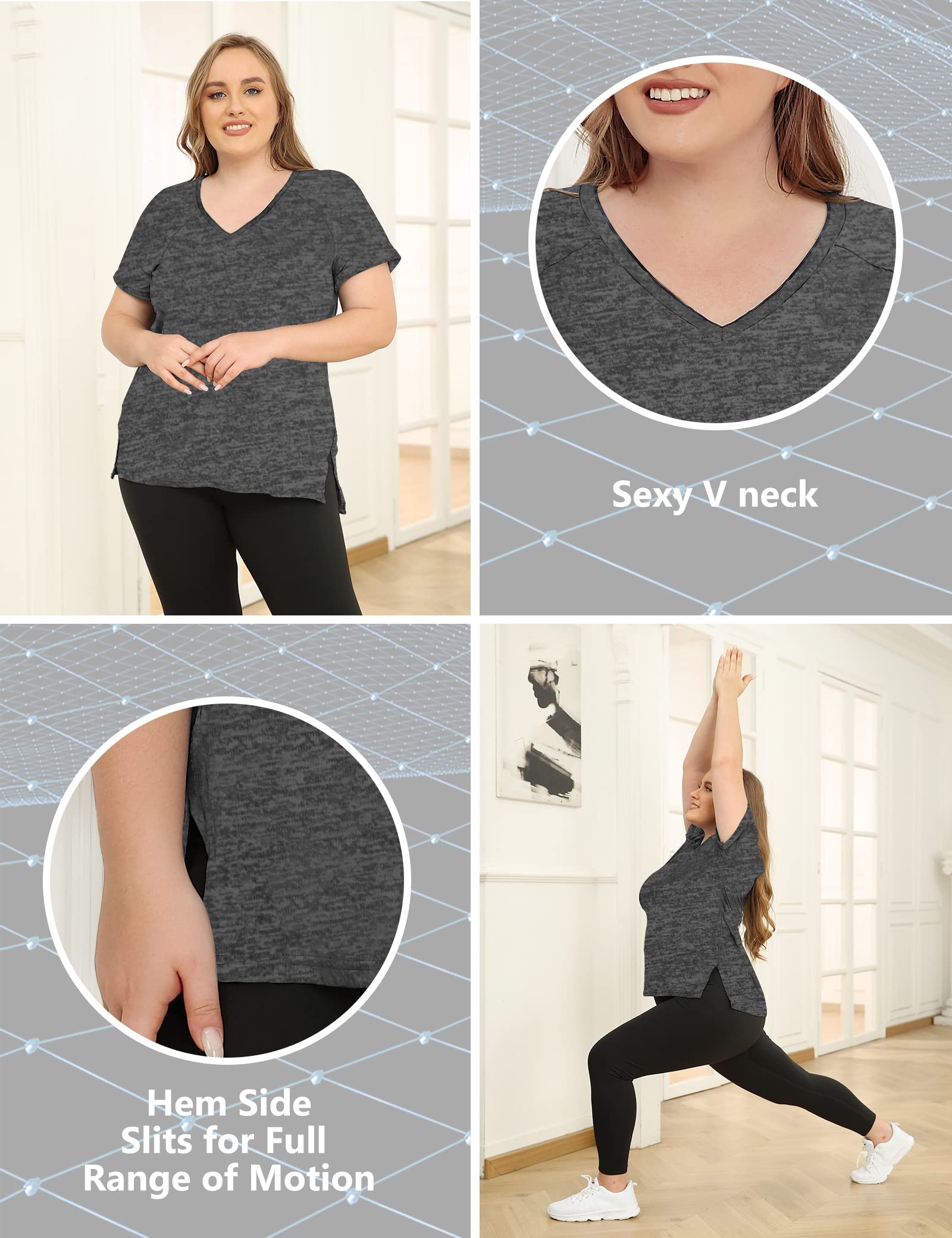 COOTRY Plus Size Workout Tops for Women Short Sleeve V Neck Loose Fit Yoge Causal Summer Shirts Dark Grey 3X