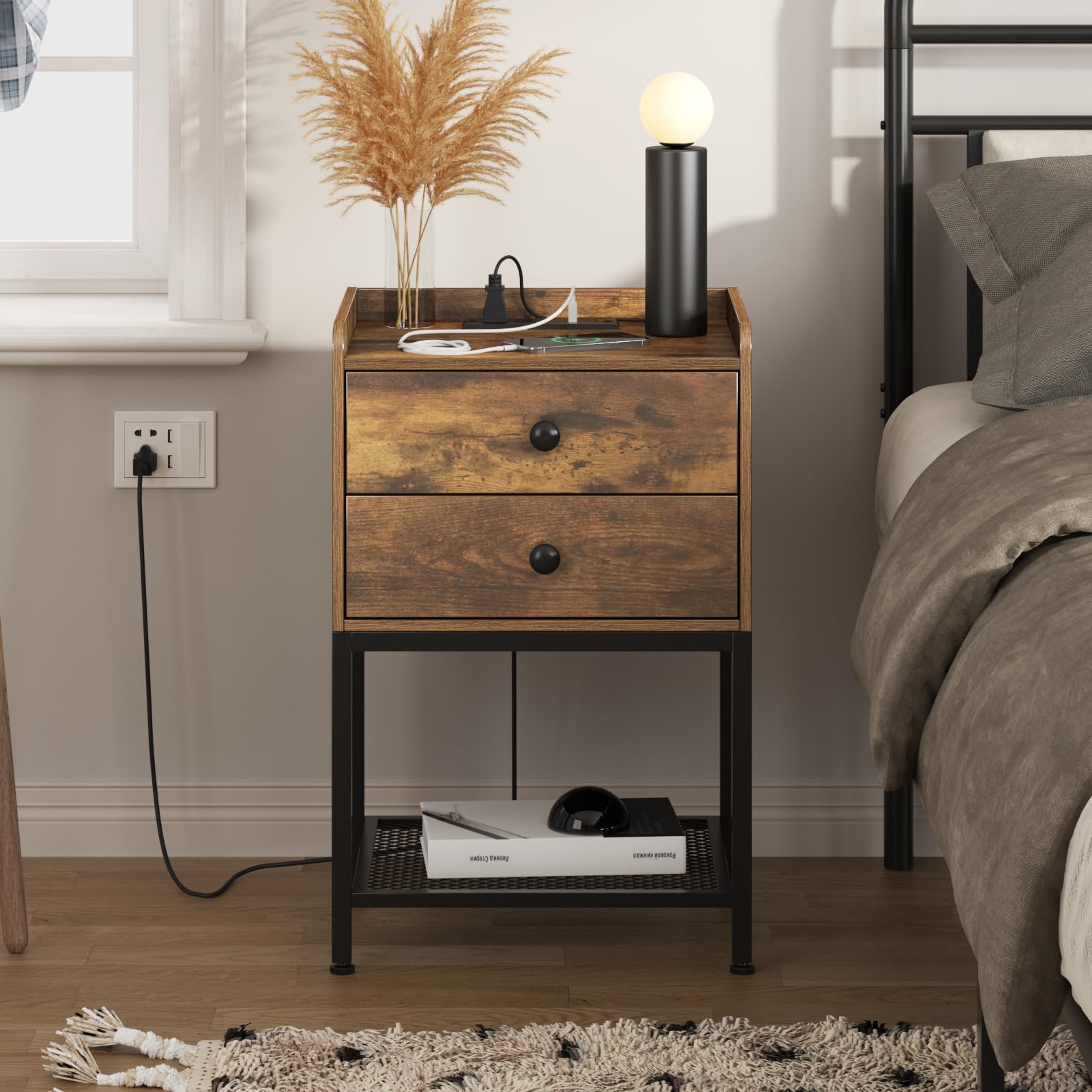 HOSEOKA Nightstand with Charge Station and USB Ports, Modern Bedside Table with 2 Drawers & Storage Shelves, Wooden Accent Night Stand with Metal Frame, Vintage End Table for Bedroom, Brown