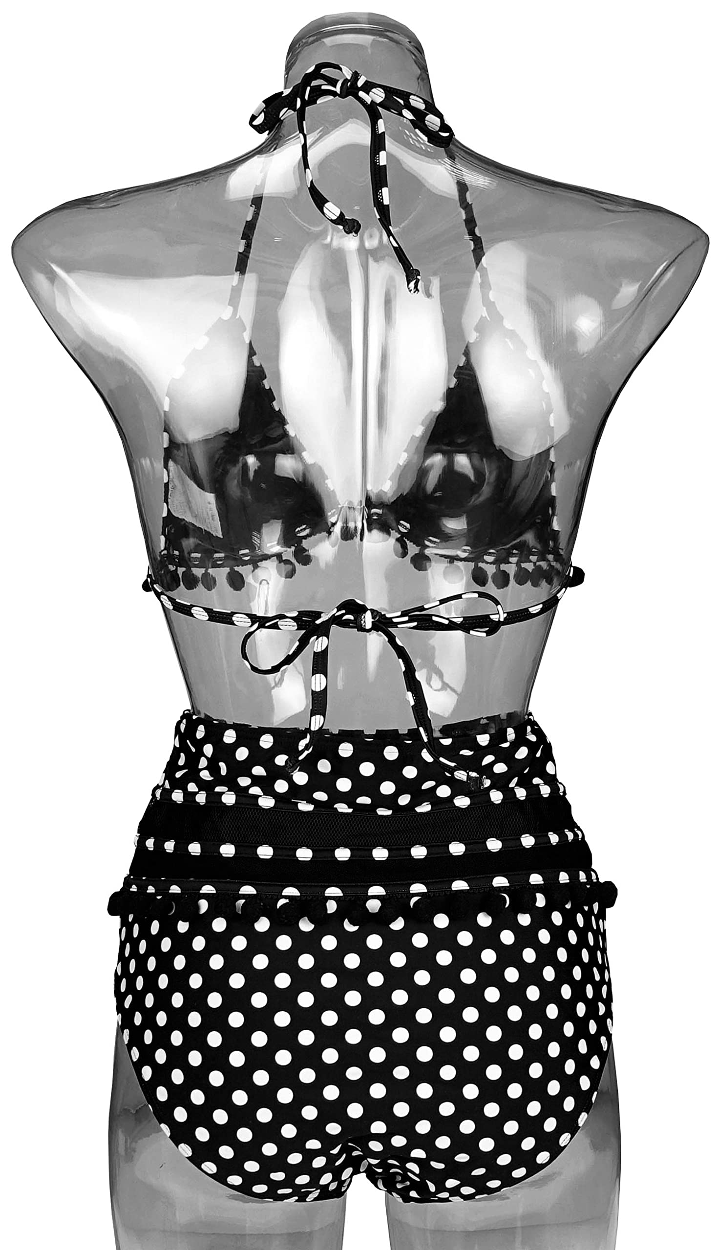 COCOSHIP Black Striped & White Balancing Act Mesh Net High Waist Bikini Set Pom Pom Tassel Top Halter Straps Swimsuit Beachwear 14