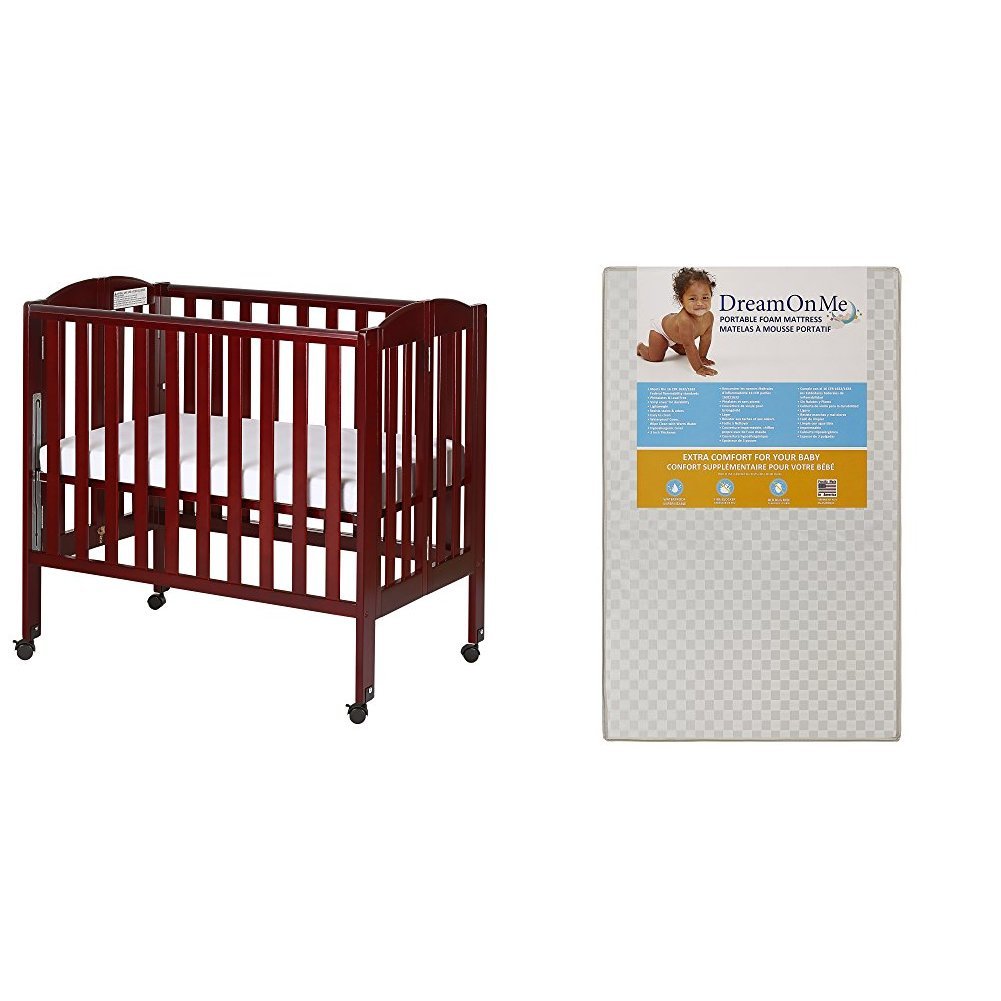 Dream On Me 3 in 1 Portable Folding Stationary Side Crib with Dream On Me 3 Portable Crib Mattress, White