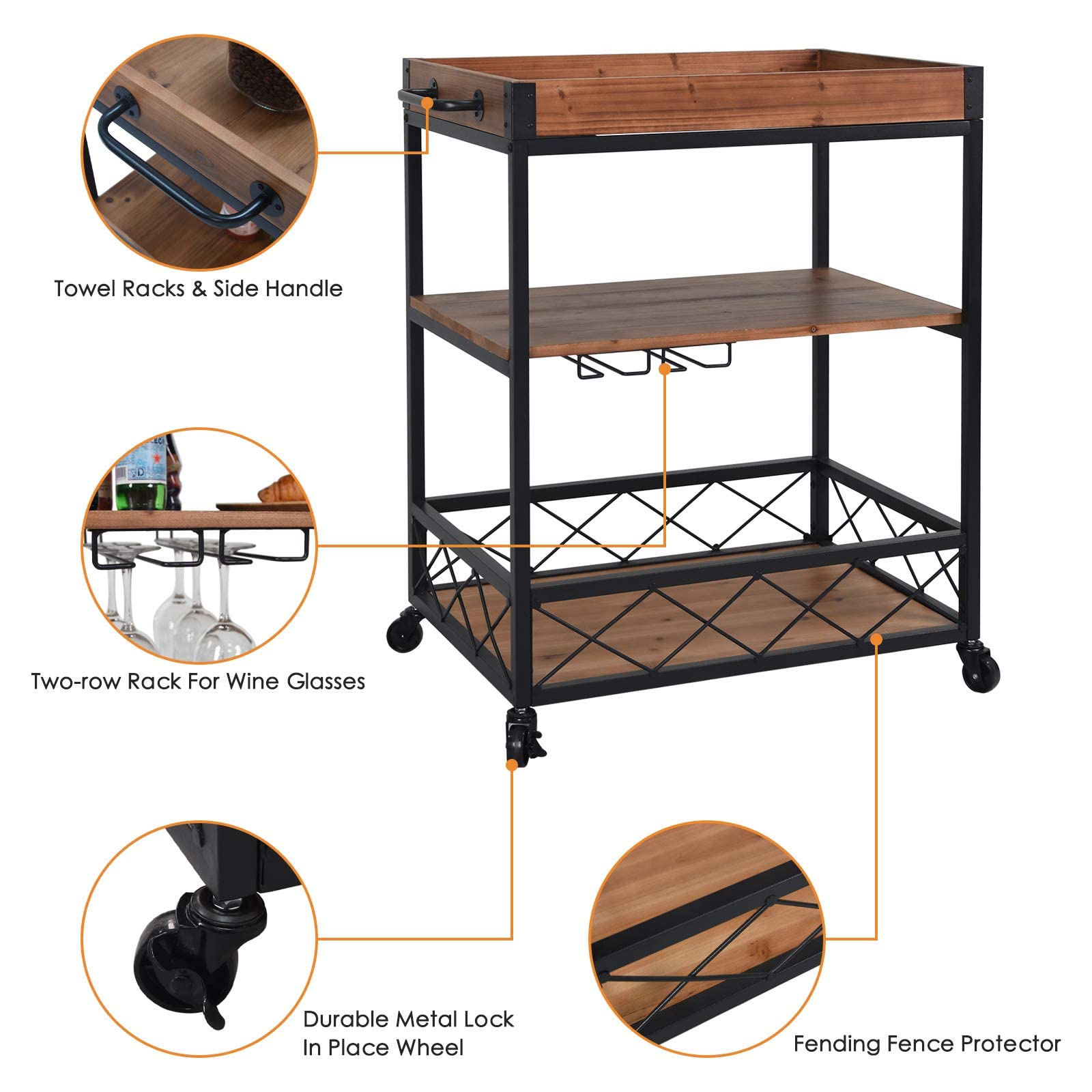 CharaVector Solid Wood Bar Serving Cart,Rolling Kitchen Storage Cart for The Home with Wine Glass Rack and Lockable Caster,Rustic Brown