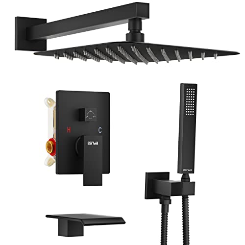 Esnbia Tub Shower System Matte Black, Shower Head with Handheld Shower Faucet Set Complete with Tub Spout, 3-Way Rain Shower System, Shower Valve Included