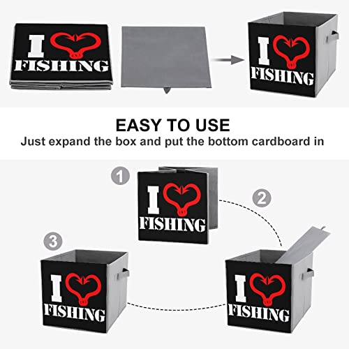 I Love Fishing Hook Foldable Storage Bins Printd Fabric Cube Baskets Boxes with Handles for Clothes Toys, 11x11x11