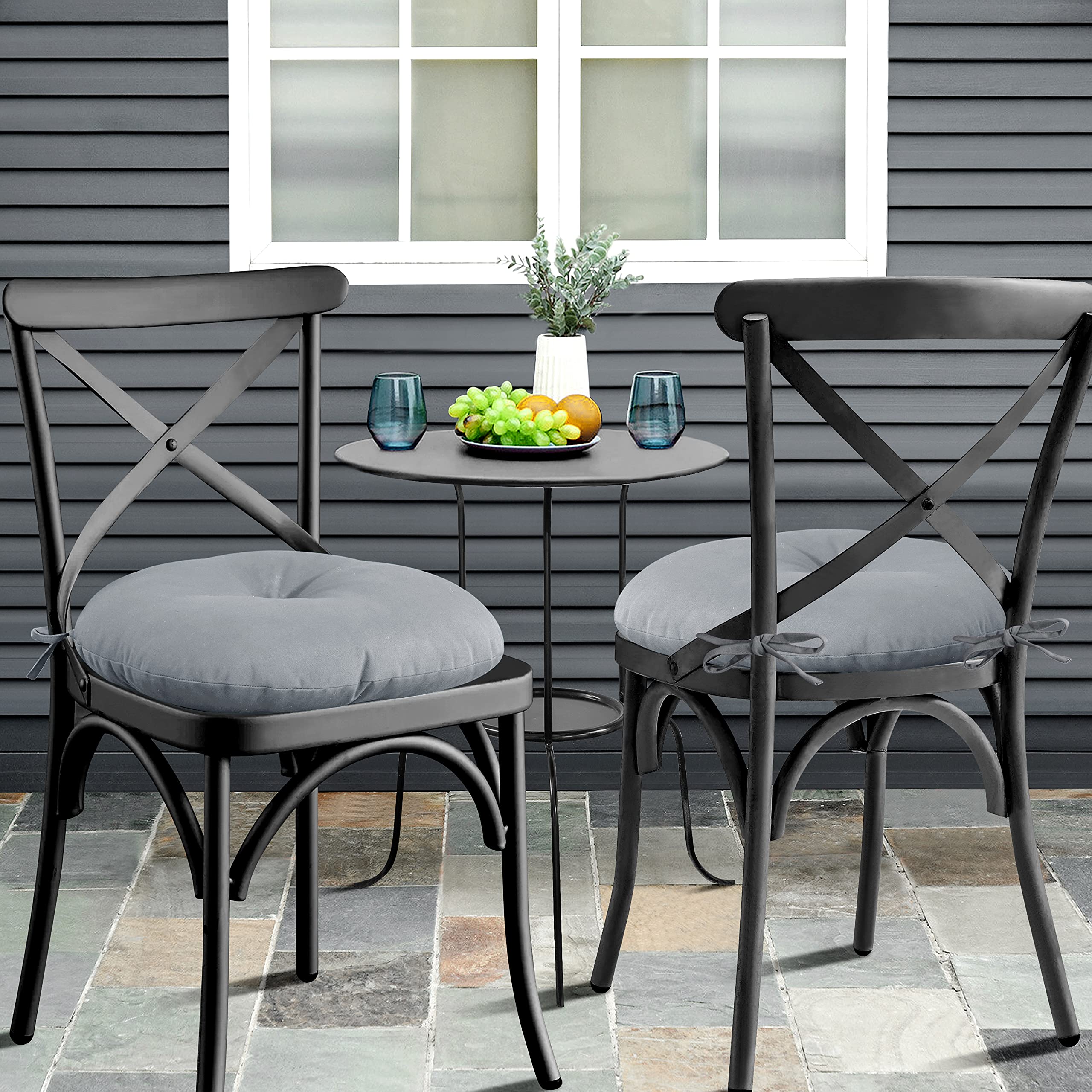 Sweet Home Collection Outdoor Furniture Cushion Bistro Chair Pads Premium Comfortable Thick Fiber Fill Tufted 15" x 15" Patio Seat Cover with Ties, 2 Count (Pack of 1), Silver