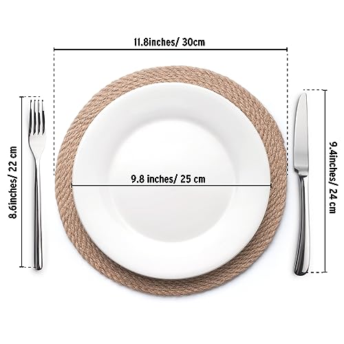 Round Jute Placemats, Woven Braided Place Mats, Natural Farmhouse Table Placemats for Dining Table, 11.8 inch