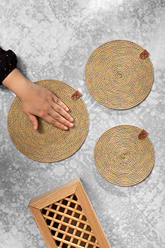 Round Natural Jute Rope Set of 3 Trivet Mats Pot Holder Hot Pads Plate Holder Coasters (Greenish Thread)