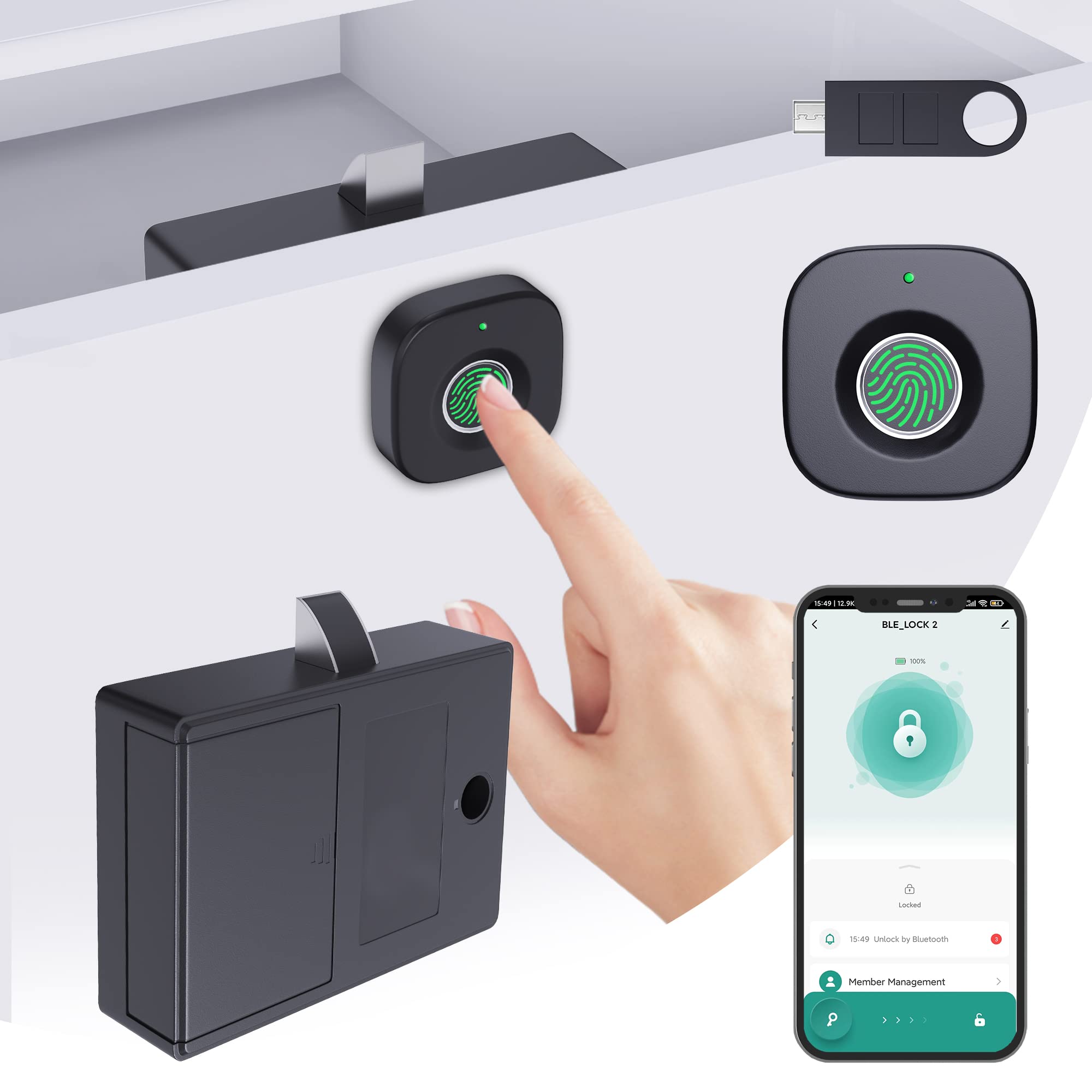 CODACE Bluetooth Fingerprint Cabinet Lock - Smart Biometric Drawer Lock with USB Key for Keyless Hidden File Cabinet and Office/Home Wooden Cabinet Drawer Storage