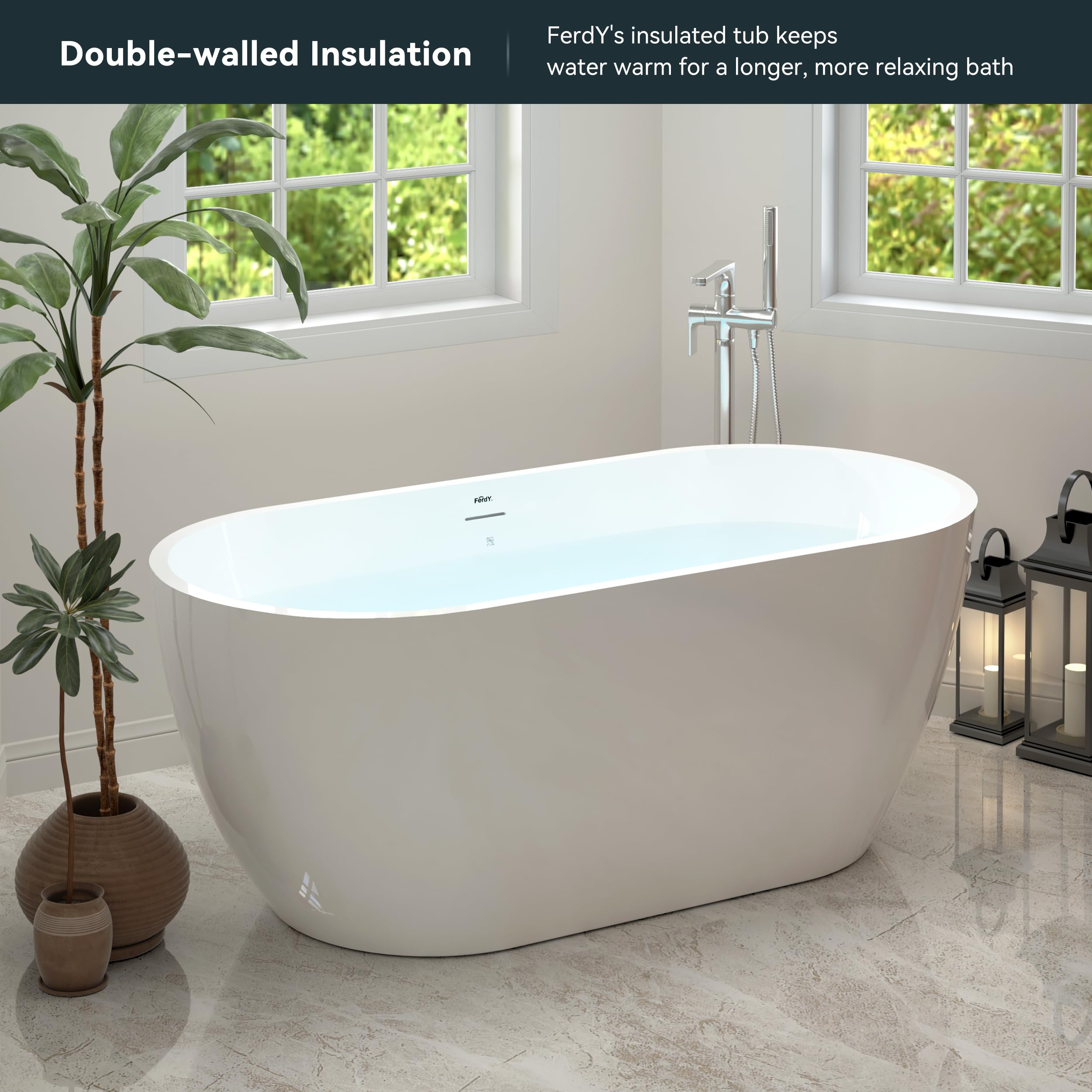 FerdY Bali 55"x28" Freestanding Bathtub, Modern Oval Acrylic Soaking Bathtub with Brushed Nickel Drain, Integrated Slotted Overflow, Glossy White, cUPC Certified, 02538