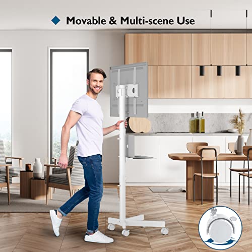 Mobile TV Cart for 23-60 Inch LED LCD Flat Curved Screens TVs, Rolling TV Stand with Locking Wheels Holds Up to 55lbs, Height Adjustable Portable Stand with Media Shelf Tray, Max VESA 400x400mm(White)