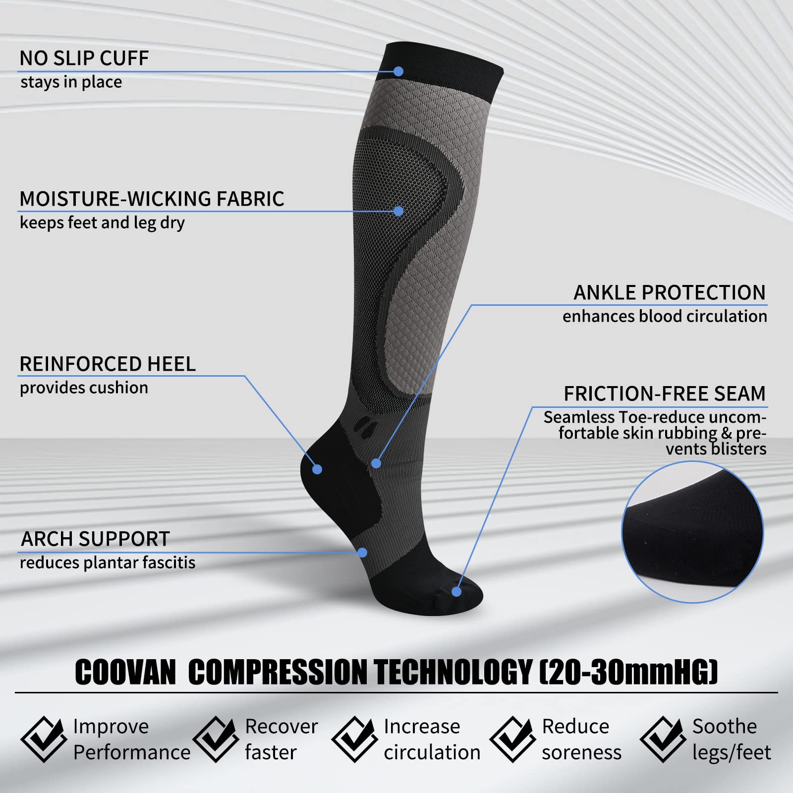 COOVAN Compression Socks for Men and Women 20-30 mmHg Knee High Compression Stockings Running Support Socks
